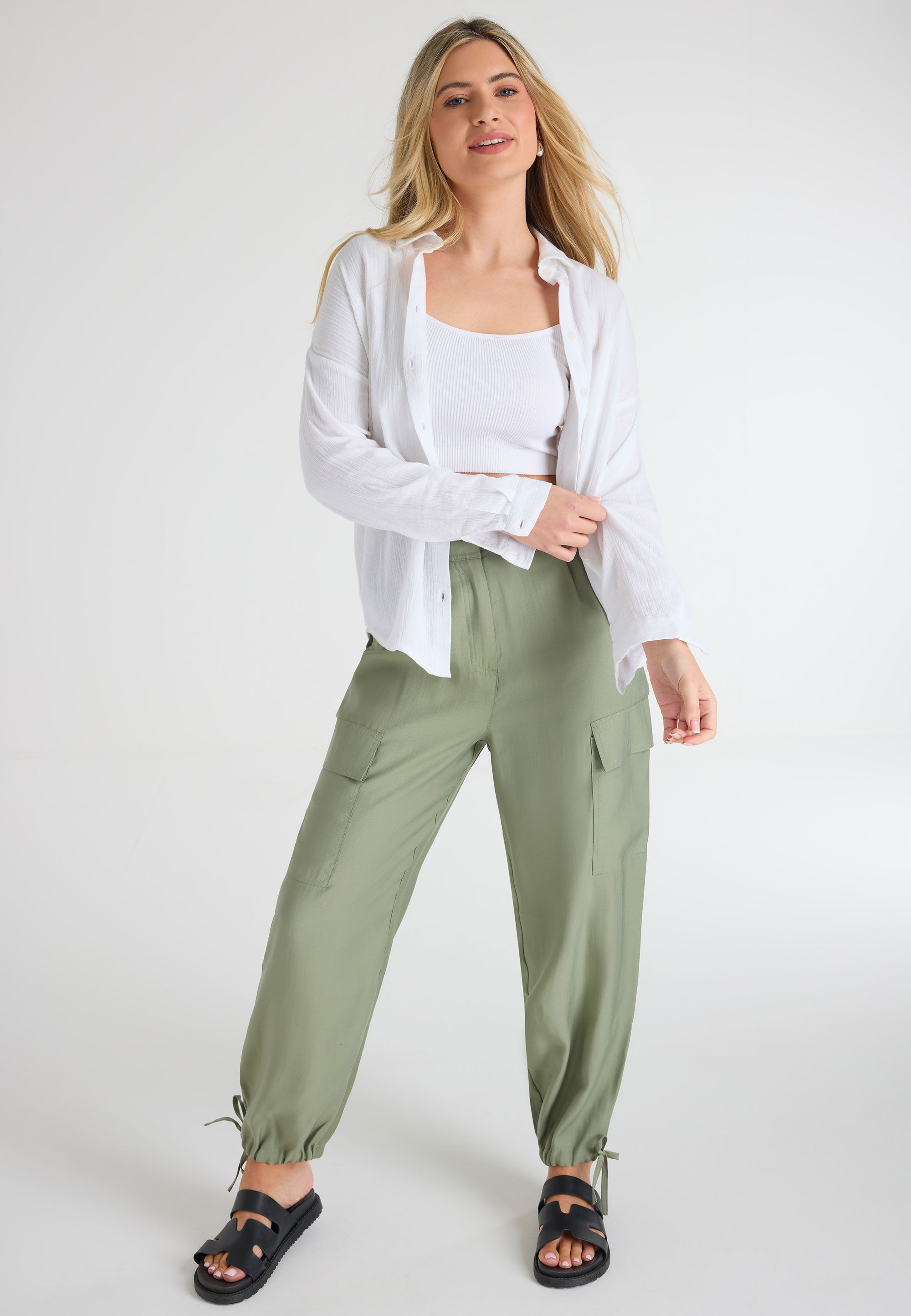 Womens Khaki Drawstring Cuff Cargo Trousers Peacocks