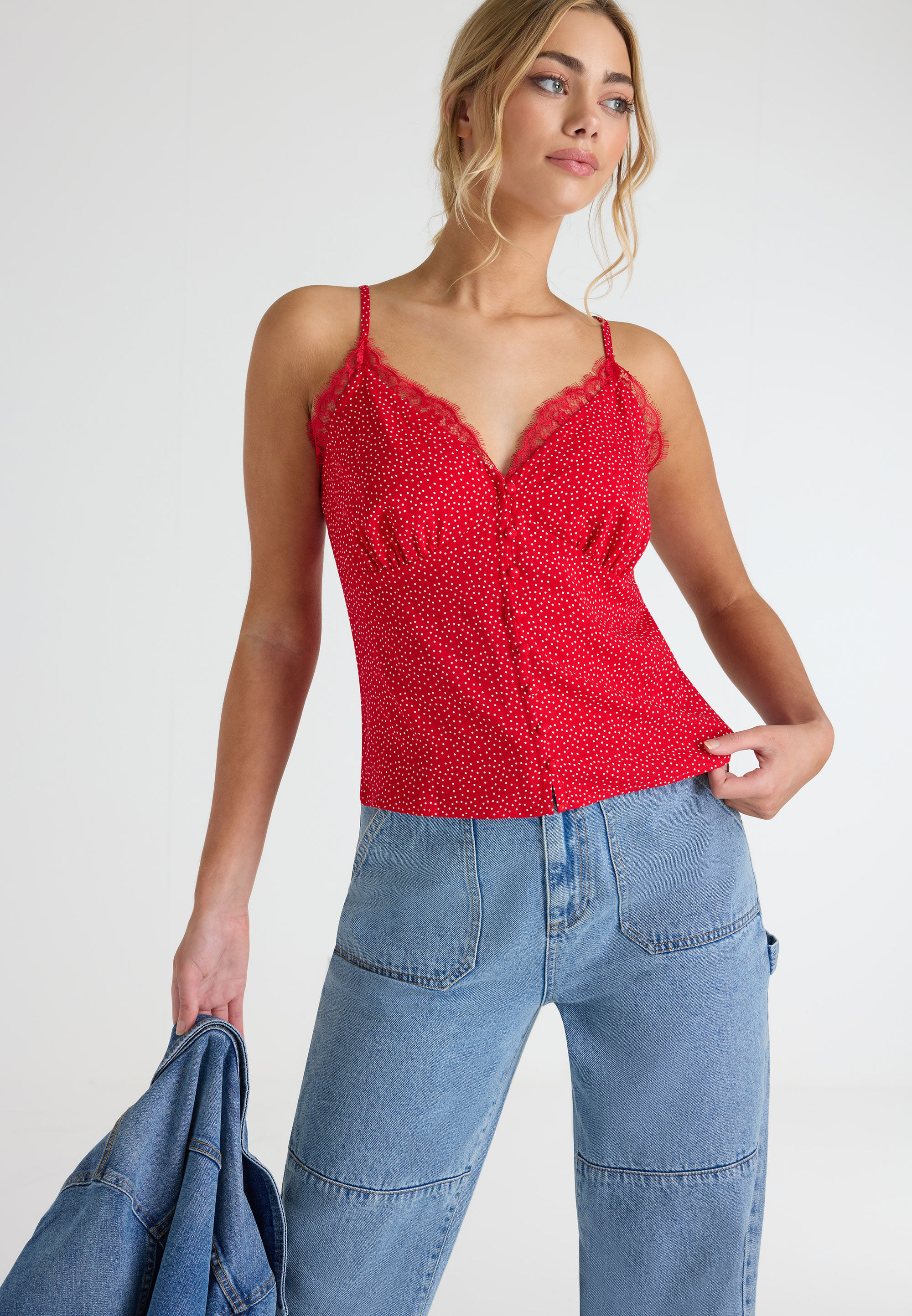 Ladies Red Polka Dot Print Lace Trim Cami Top Peacocks