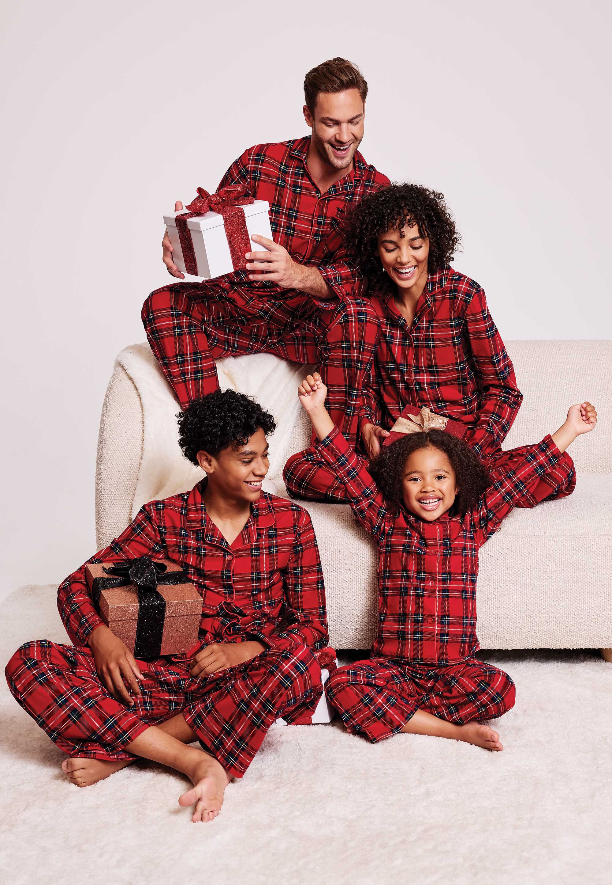 Kids Unisex Red Check Family Christmas Pyjama Set Peacocks